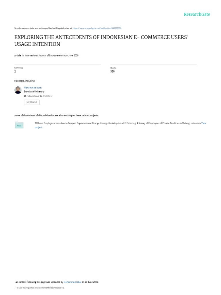 Exploring The Antecedents Of Indonesian Ecommerce Users Usage Intention Pdf Motivation