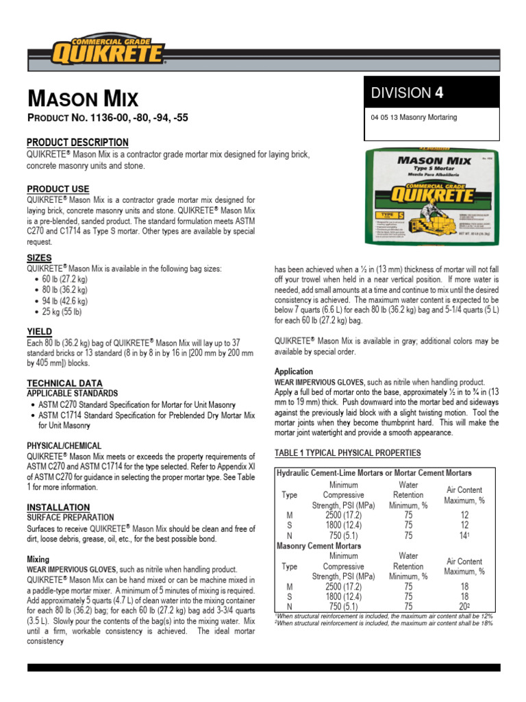 Data - Sheet-Mason Mix 1136 | PDF | Masonry | Mortar (Masonry)