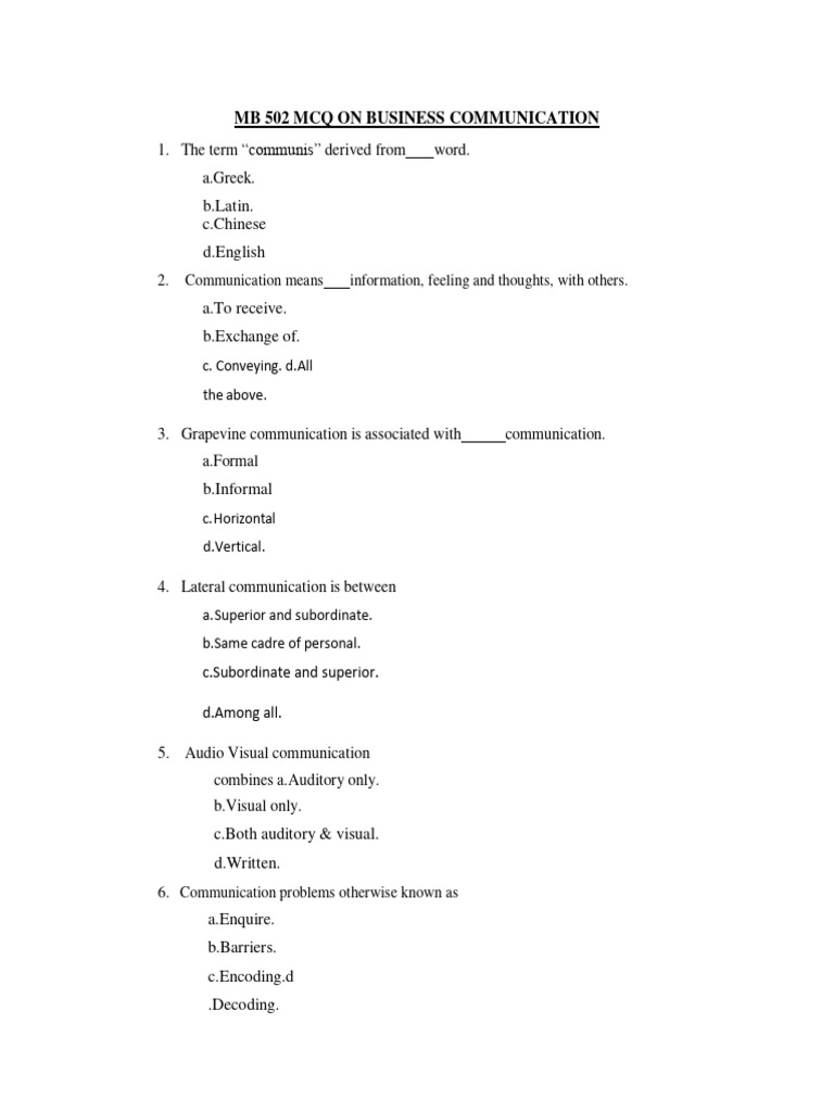 Business Communication MCQs Guide | PDF | Social Science