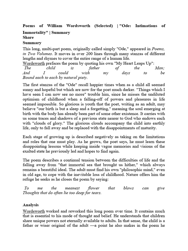 Wordsworth's "Ode" Summary & Analysis | PDF | Poetry