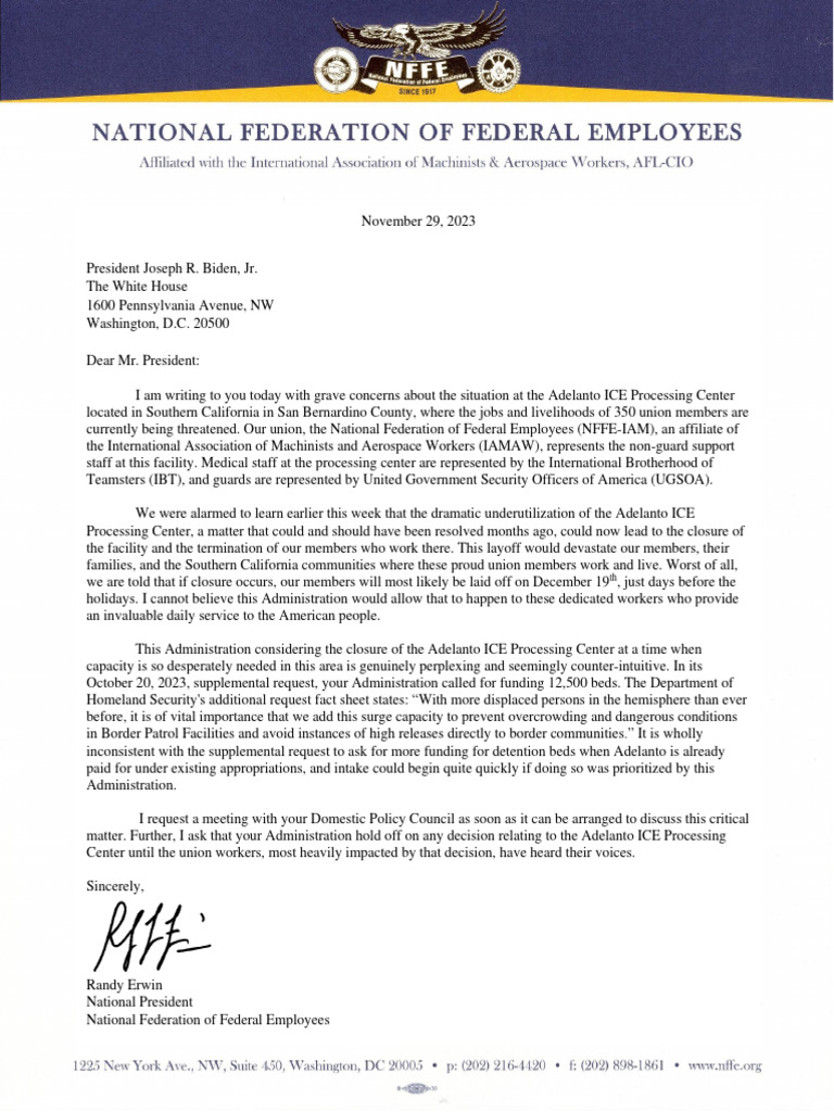 National Federation of Federal Employees President Randy Erwin Letter ...