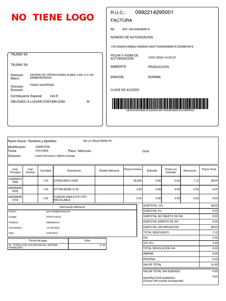Factura - 2024-01-15T152842.153 | PDF | Factura | Economias