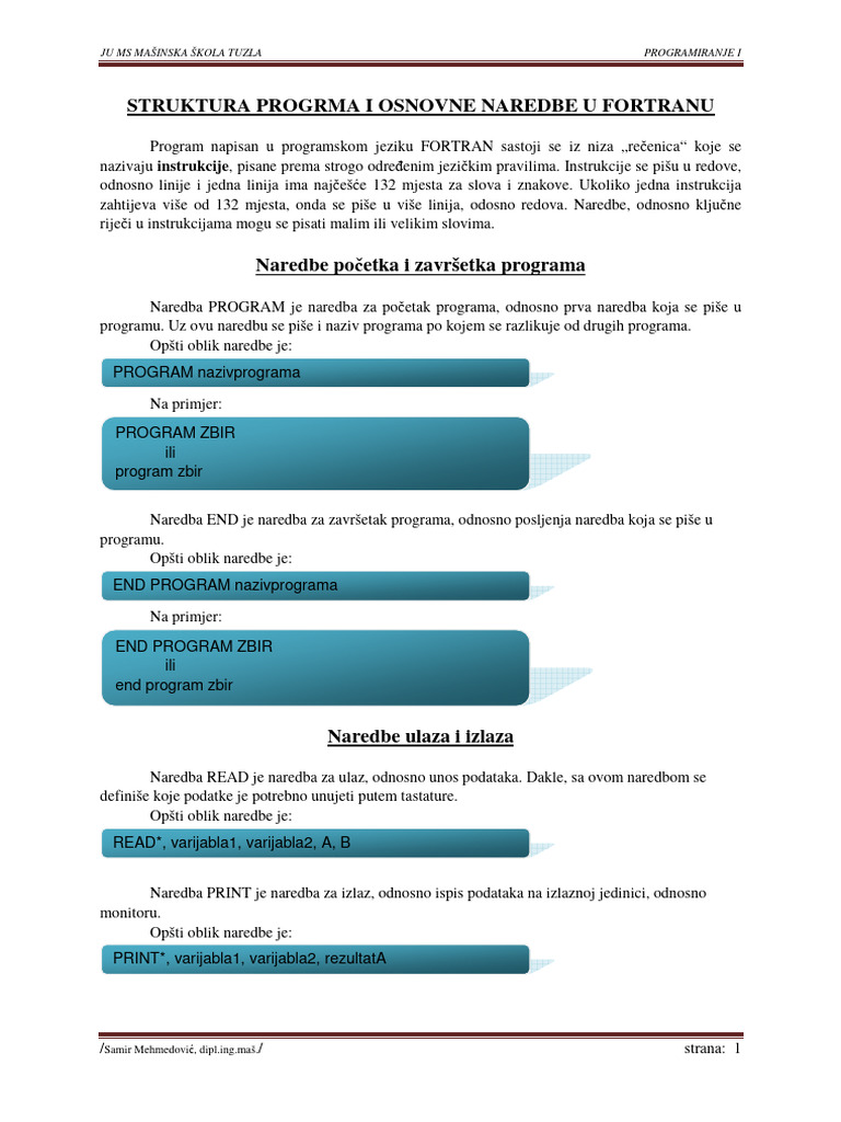 Struktura Programa I Osnovne Naredbe | PDF