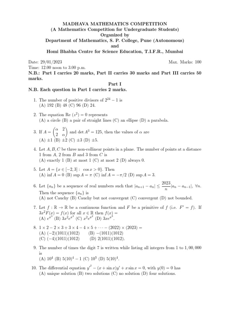 MMC Paper 2023 | PDF | Matrix (Mathematics) | Determinant
