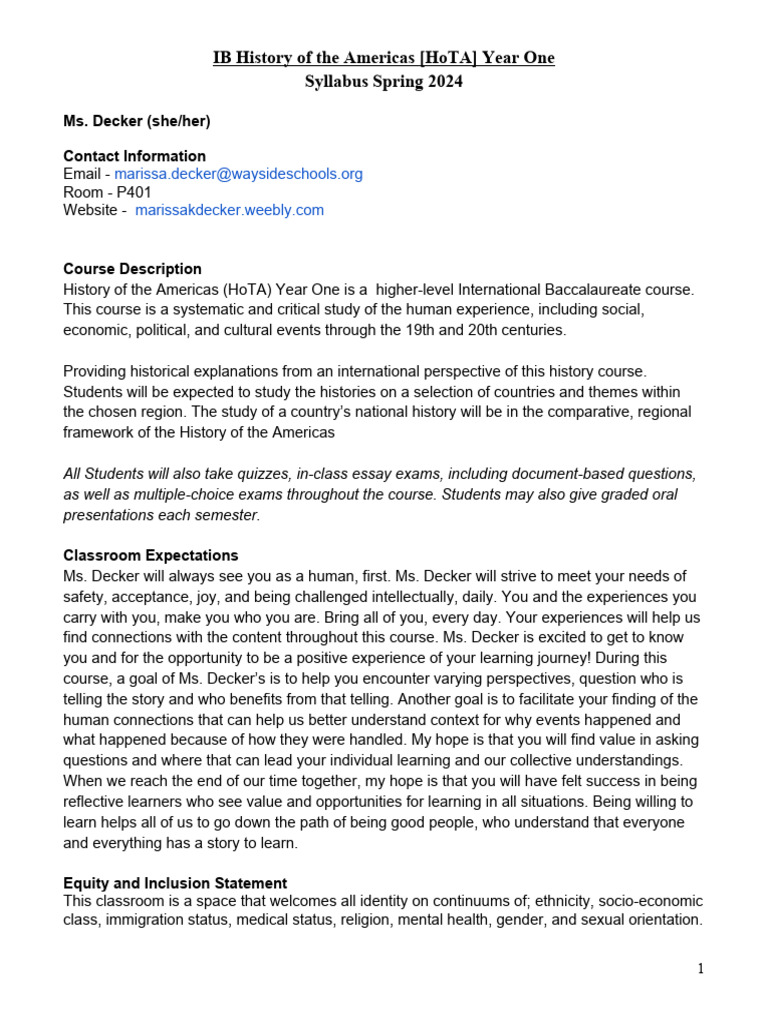 Ib Hota Year One Syllabus 2024 2 | PDF | Cold War | The United States