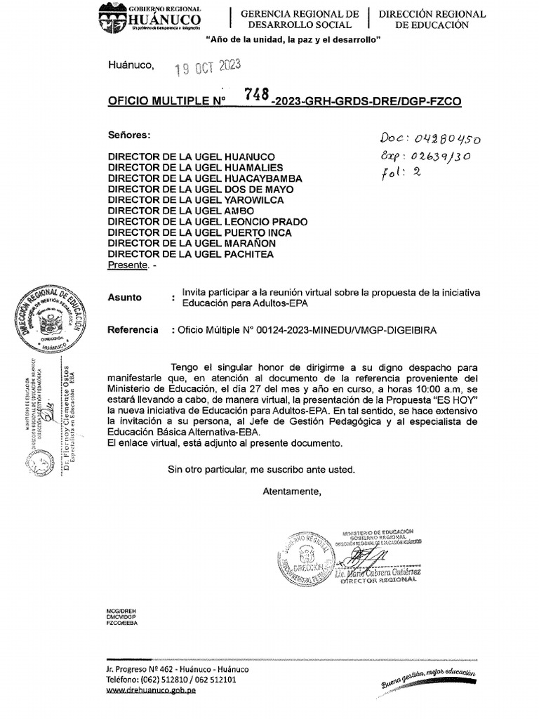 OFICIO MULTIPLE 748-2023-GRH-GRDS-DRE-DGP-FZCO.pdf OK | PDF