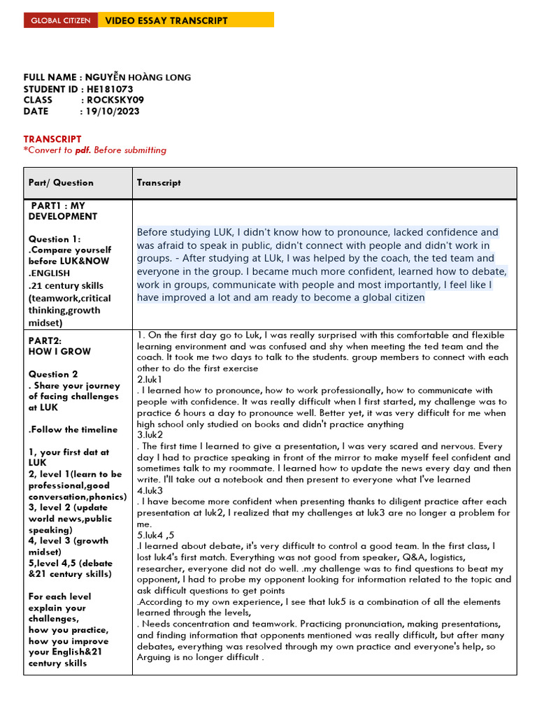 Nguyễn Hoàng Long He181073 20.10.2023 Transcript Rocksky09 stt18 | PDF | Cognition | Learning