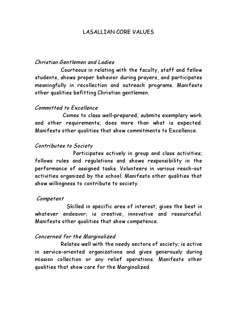 Lasallian Core Values | PDF | Career & Growth