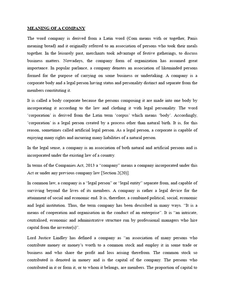 Meaning Characteristics Of A Company Pdf Limited Liability