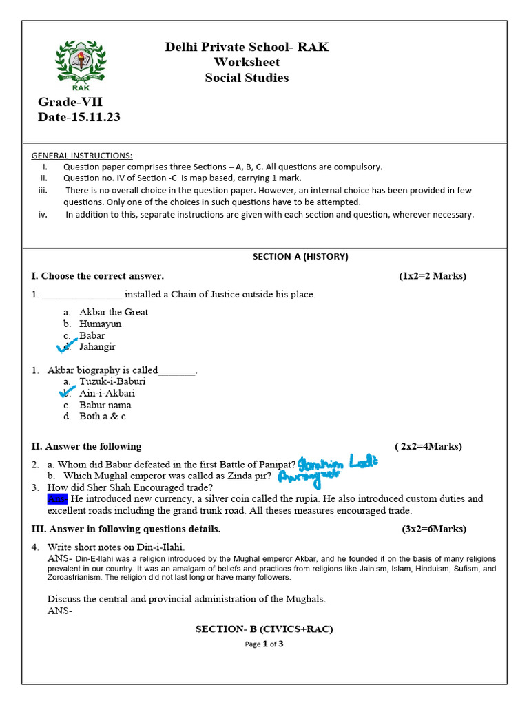 Worksheet Grade 7 FA2 | PDF | Mughal Empire | Timurid Dynasty