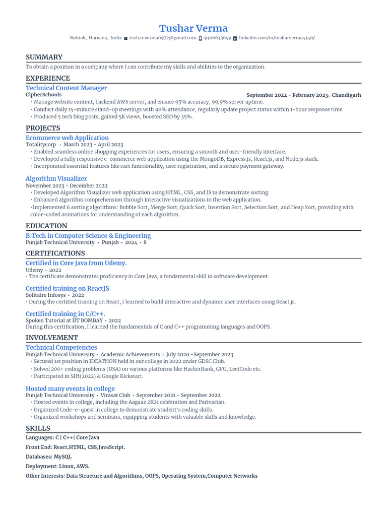 Tushar Resume (B.Tech Cse) - 1 | PDF | World Wide Web | Internet & Web