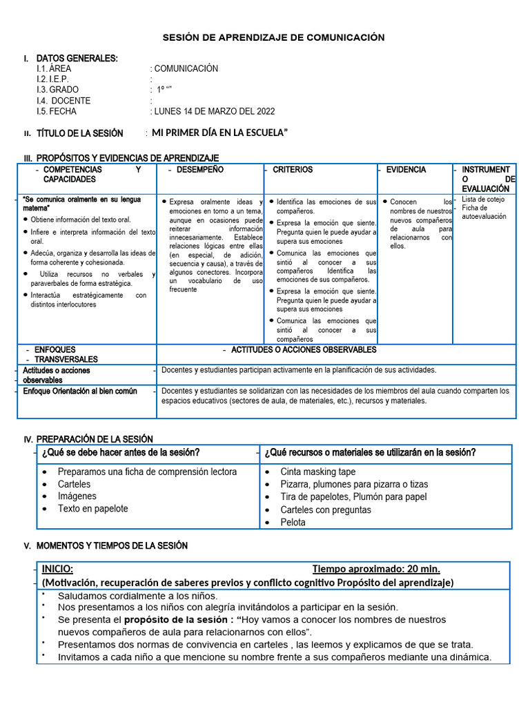 Comunicación: Primer Día Escolar | PDF | Evaluación | Salón de clases