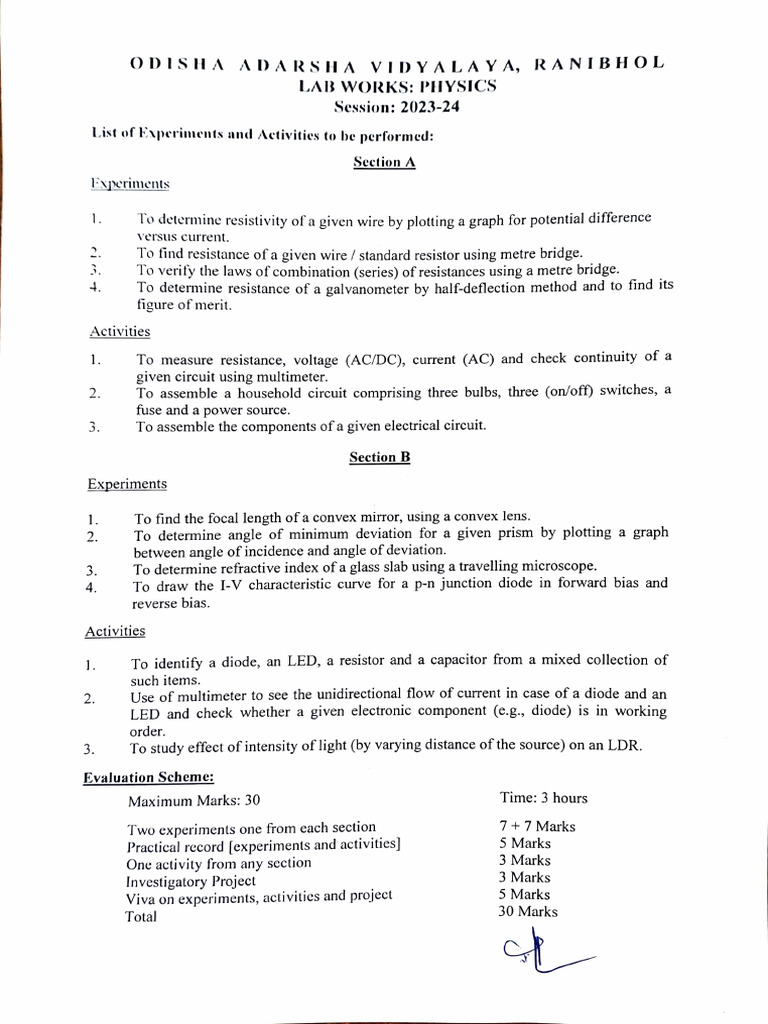 Practicals and activities-XII 2023-24 | PDF | Equipment | Quantity