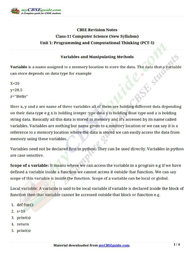 11 Computer Science Notes Unit1 Variables Manipulating | PDF