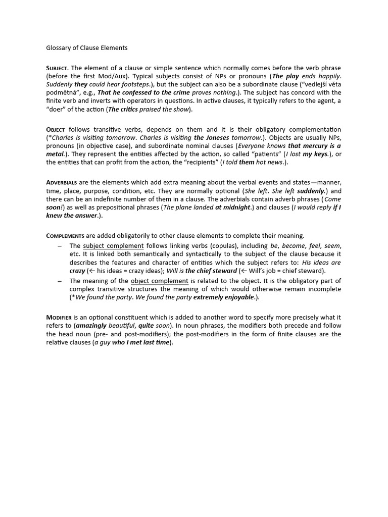 Glossary of Clause Elements | PDF | Clause | Subject (Grammar)