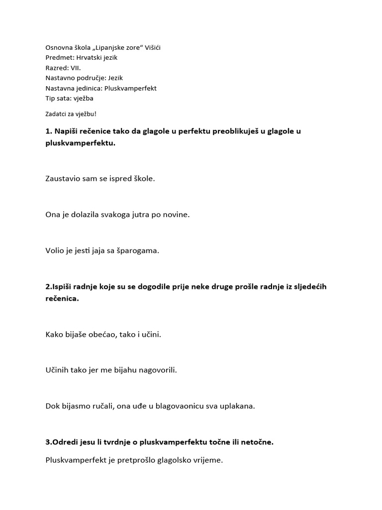 Pluskvamperfekt, Ponavljanje | PDF