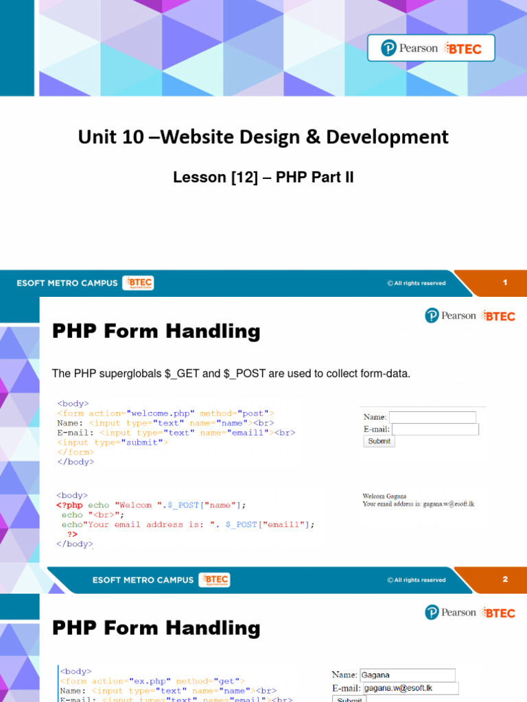 Unit 10 - Website Design & Development: Lesson (12) - PHP Part Ii | PDF | Php | Computer Data