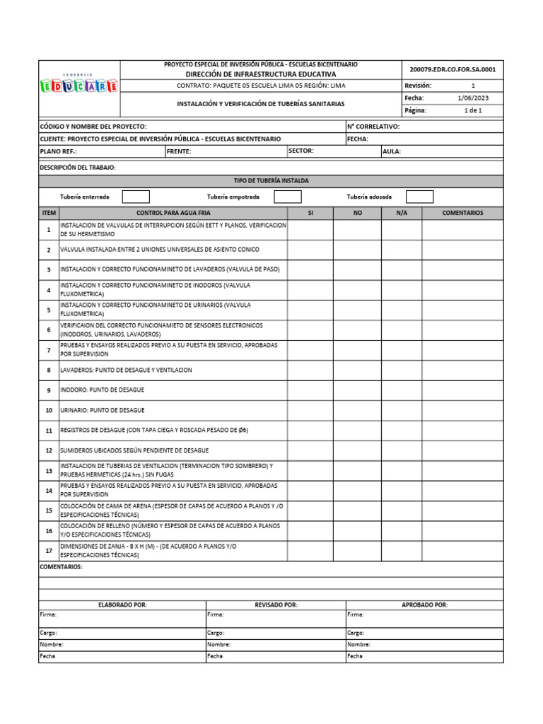 PROTOCOLO Instalación y Verificacion de Tuberias Sanitarias R1 | PDF
