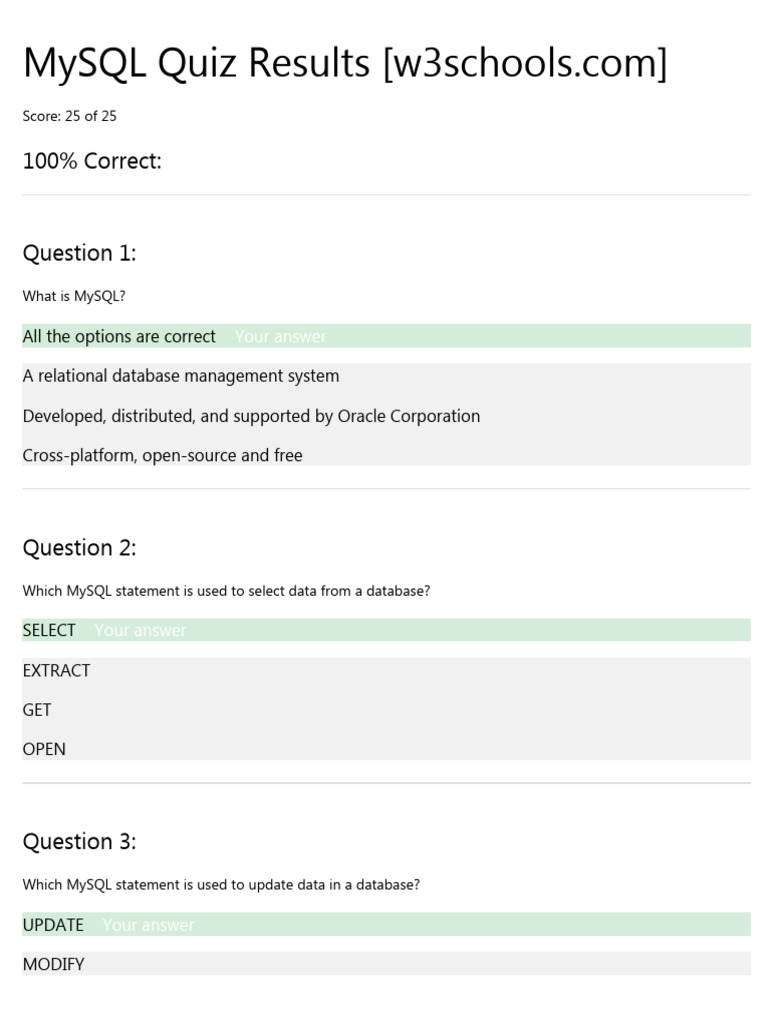 MySQL Quiz Results1 | PDF | My Sql | Data Management
