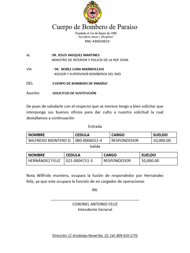 Carta de Bombero de Paraíso 3 | PDF