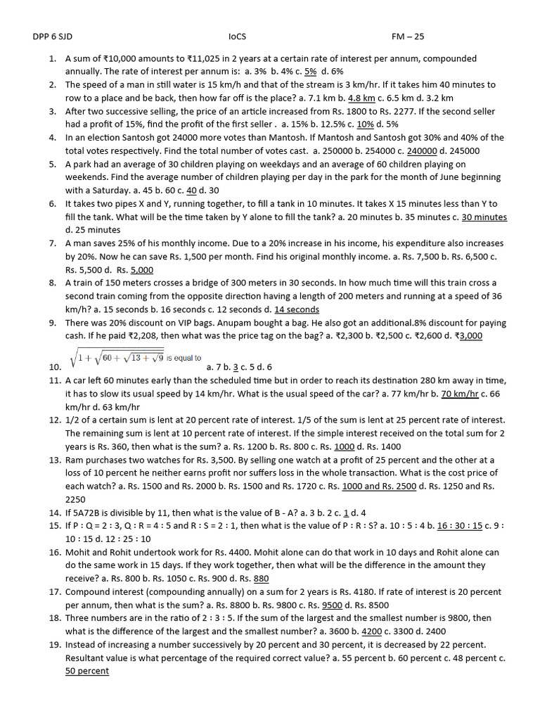 DPP 6 SJD IoCSFM For 1st Jan 2024 | PDF | Percentage | Ratio