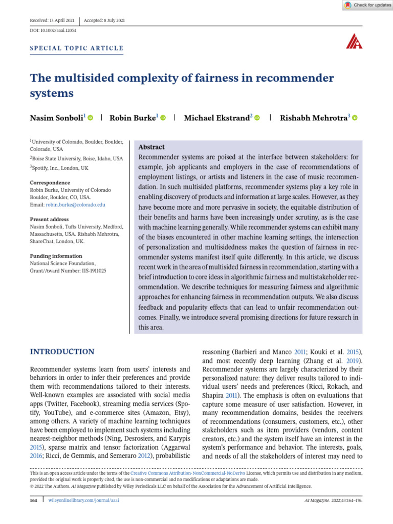 AI Magazine - 2022 - Sonboli - The Multisided Complexity of Fairness in Recommender Systems ...