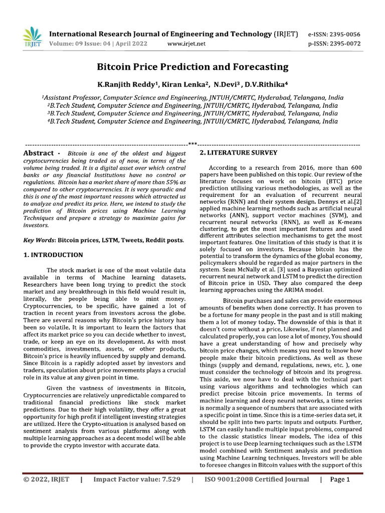 Bitcoin Price Prediction Project Researchpaper Pdf 