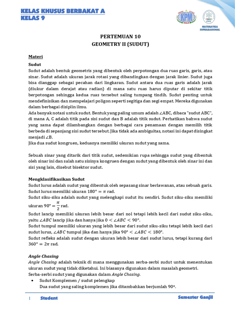 Materi 1-Berbakat A09-MTK-Pertemuan 10 - Geometry II (Sudut) - 1694676315 | PDF