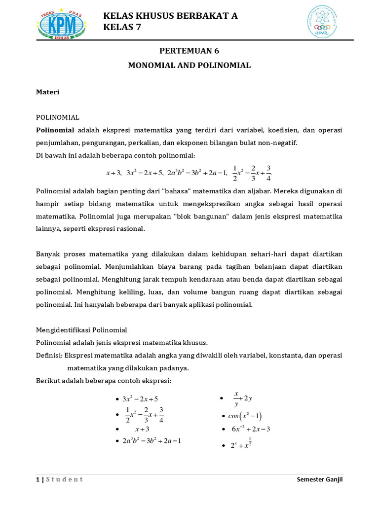 Materi 1-Berbakat A07-MTK-Monomial Dan Polinomial | PDF