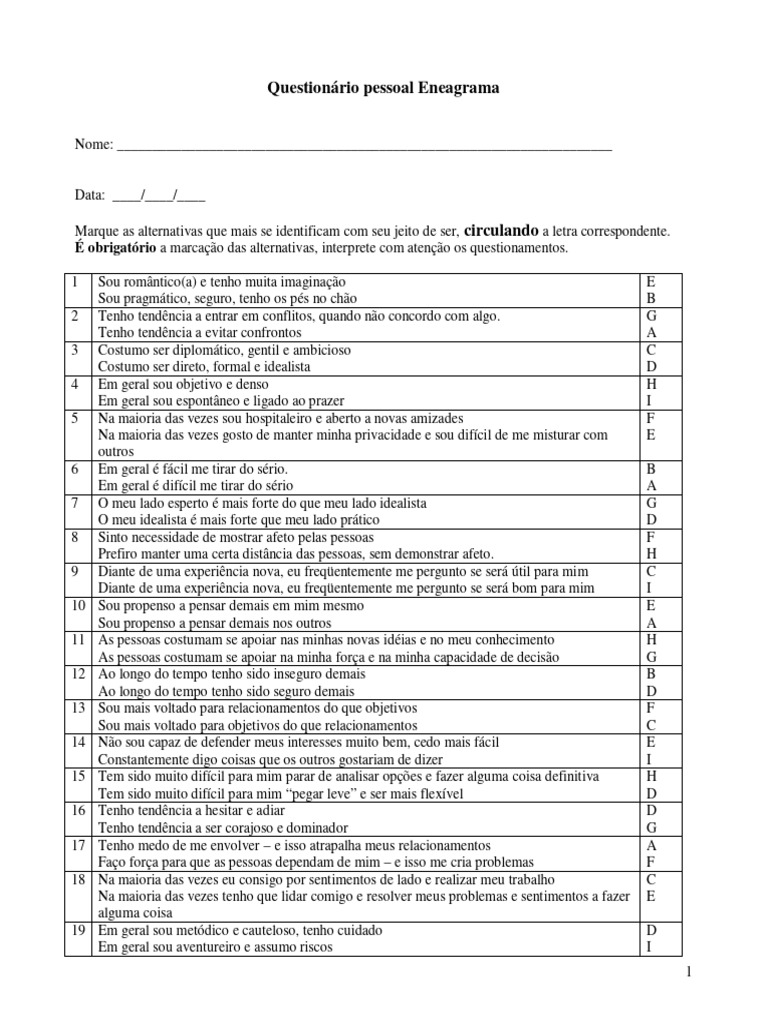 Questionário Pessoal Eneagrama | PDF