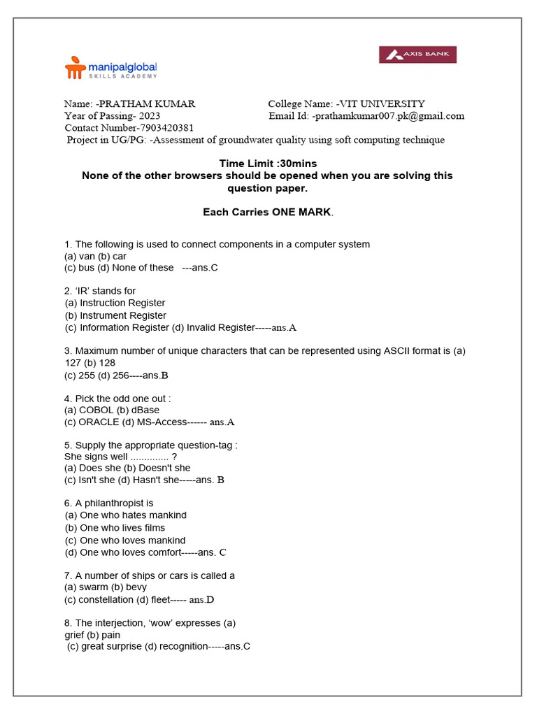 Axis Bank Aptitude Test Questions | PDF | Computing | Computer Science