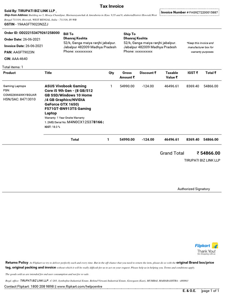 Invoice OD222153479261258000 | PDF | Computer Hardware | Personal Computers