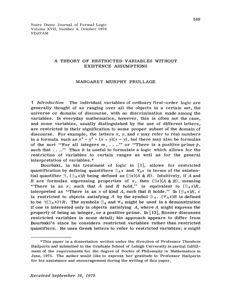 Prullage - A Theory of Restricted Variables | PDF | First Order Logic | Interpretation (Logic)