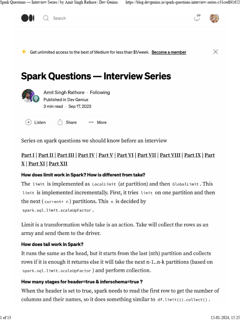 Spark Questions - Interview Series - by Amit Singh Rathore - Dev Genius | PDF