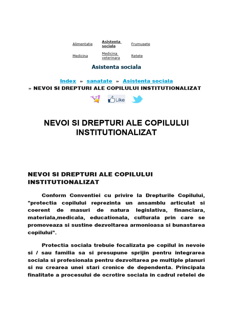 Nevoi Si Drepturi Ale Copilului Institutionalizat: Asistenta Sociala | PDF
