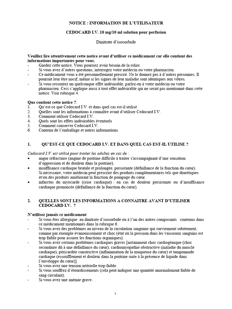 Utilisation et précautions de Cedocard I.V. | PDF | Cœur | Effet ...
