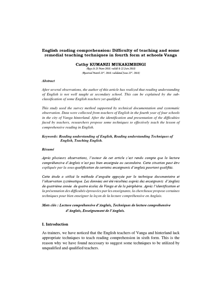 English Reading Comprehension Difficulty of Teaching and Some Remedial Teaching Techniques in ...