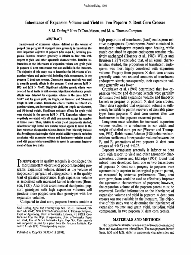 (1991) Inheritance of Expansion Volume and Yield in Two Popcorn × Dent Corn Crosses | PDF ...