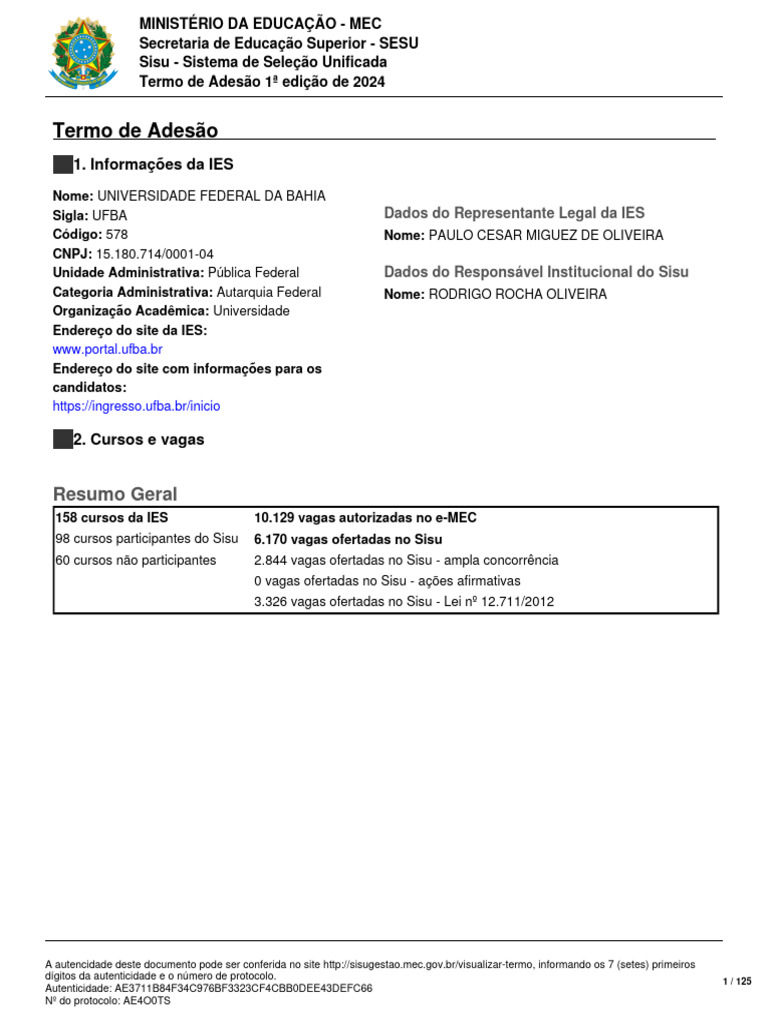 Termo de Adesão Sisu 2024 UFBA | PDF | Diploma de bacharel | Science