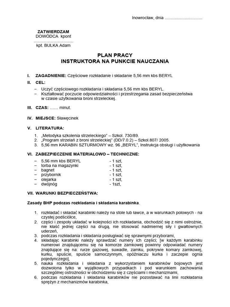 5,56 MM BERYL Rozkładnie I Składanie, Plan Pracy | PDF