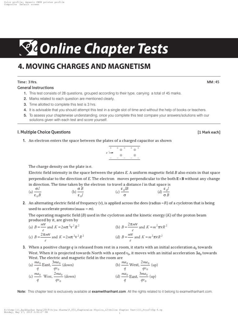 Chapter Test on Moving Charges and Magnetism | PDF | Magnetic Field ...