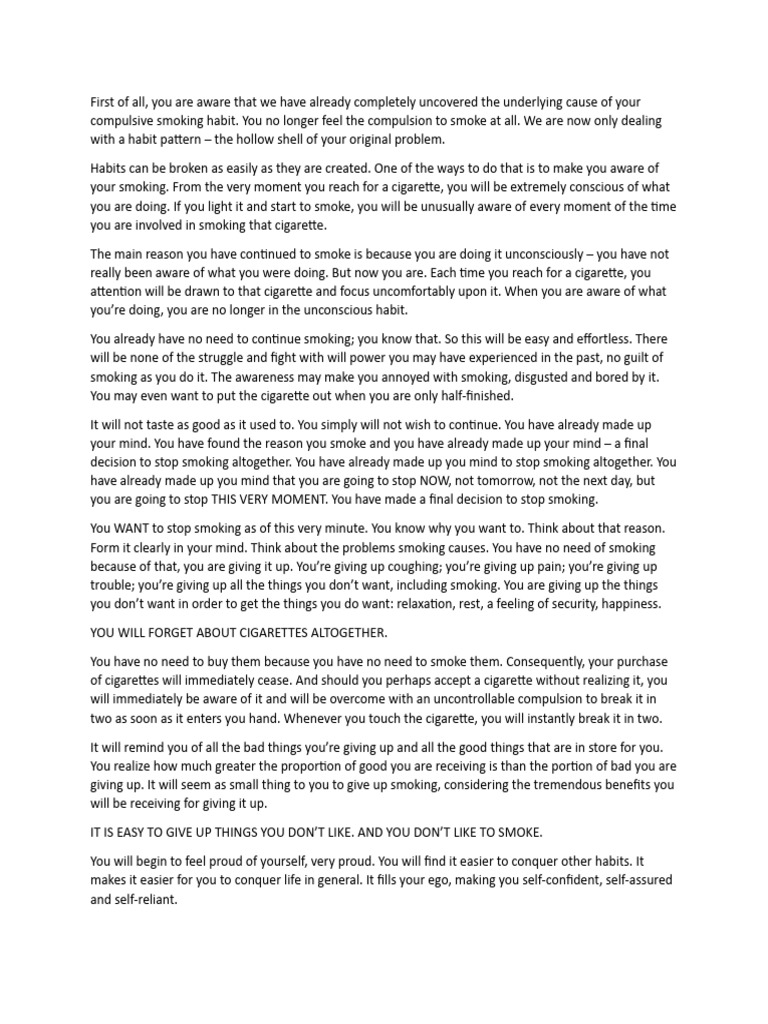 Stop Smoking Script | PDF | Cigarette | Psychological Concepts