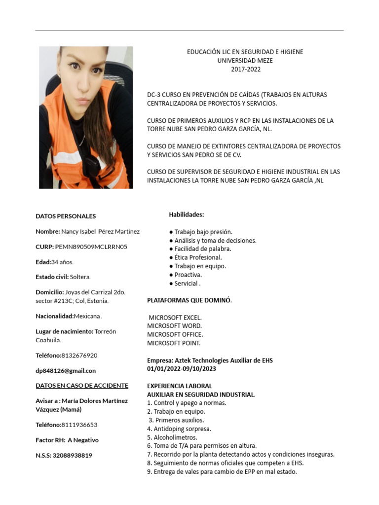 Perfil Profesional de Nancy Pérez en EHS | PDF