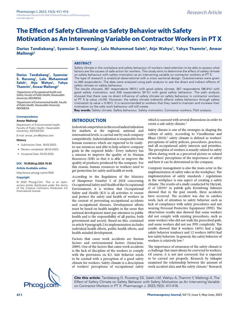 The Effect of Safety Climate On Safety Behavior Wi | PDF | Safety ...