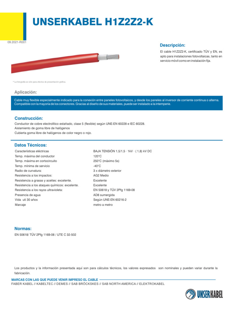 Unserkabel h1z2z2-k | PDF | Conductor electrico | Resistencia Eléctrica y Conductancia