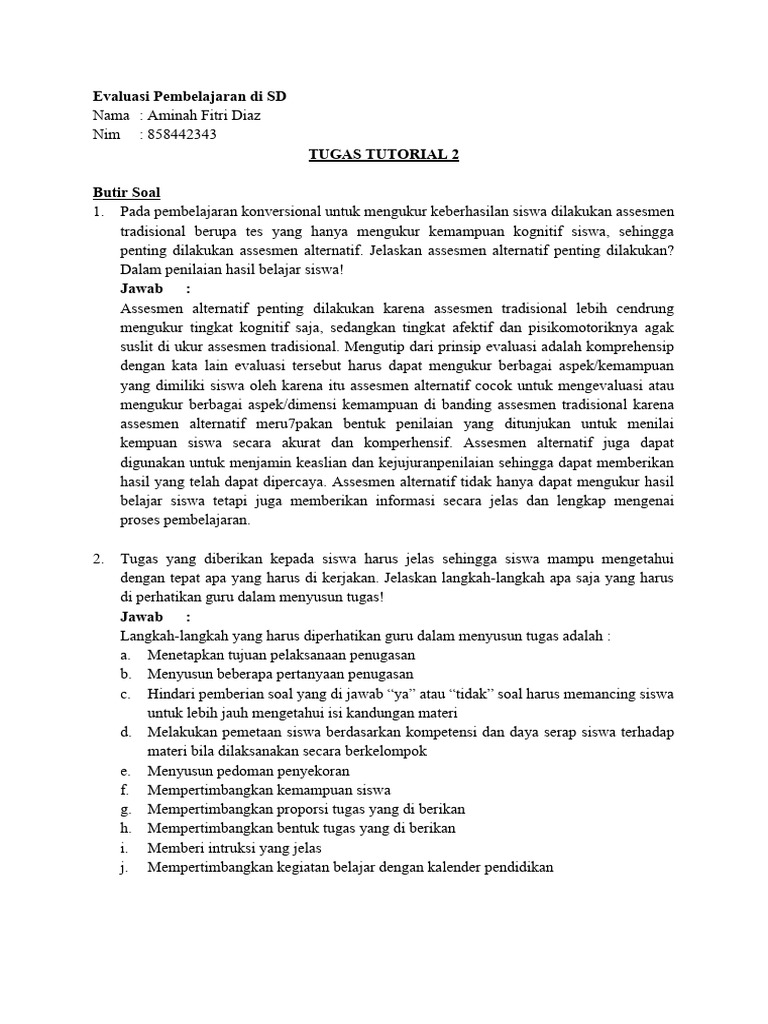 Tugas Tutorial 2 Evaluasi Pendidikan Di SD - Aminah Fitri Diaz | PDF | Seni & Disiplin Bahasa