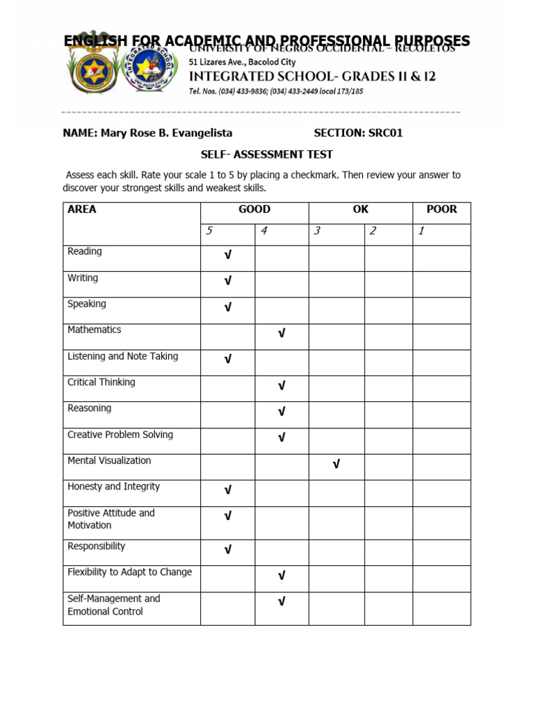 Skills Assessment for Academic Success | PDF