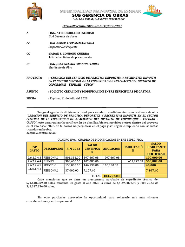 Inf - 086-2023 Mod Gasto | PDF