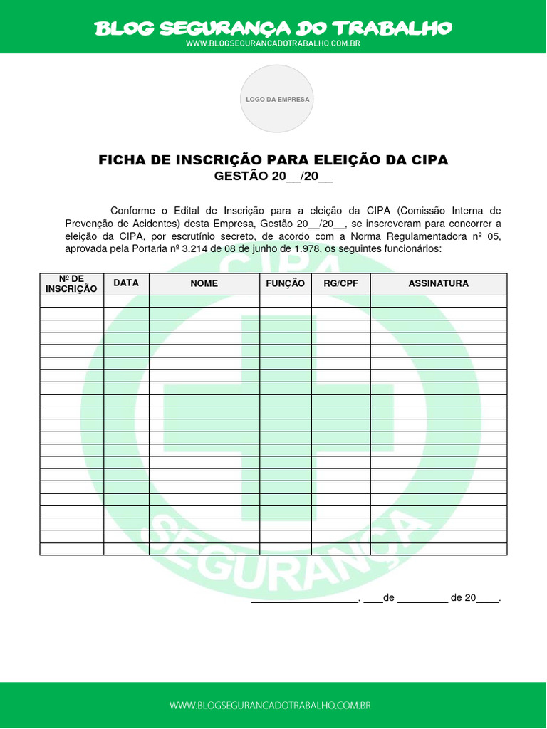 Ficha de Inscrição para A Eleição Da CIPA - Blog Segurança Do Trabalho ...