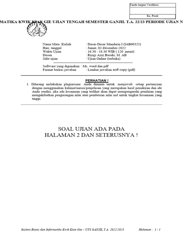 Soal Uts Dasar Dasar Mandarin I Pdf